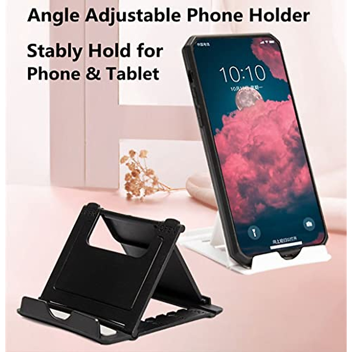 JUSDIQIR Cell Phone Stand for Desk Mobile Phone Holders Desktop Tablet Stand, Foldable Phone Dock Universal Adjustable Tablet Stand for Desk Compatible with Cell Phone Support (Black)