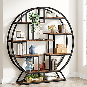 Tribesigns Bookshelf, Round Bookshelves Etagere Bookcase, 63 Inch Industrial Wood Book Shelf with Staggered Shelves, Rustic Open Shelving Organizer Rack Display Shelf for Home Office, Living Room