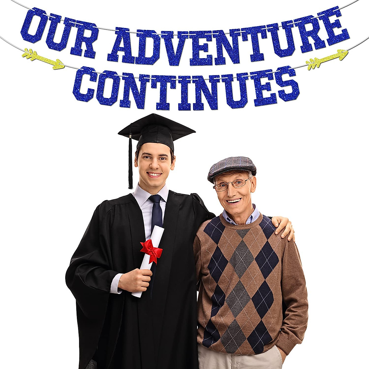 Our Adventure Continues Banner, Let the Adventure Begin Bunting Garlands, Travel Themed/Wedding/Graduation/Retirement Party Decorations Supplies, Blue Glitter