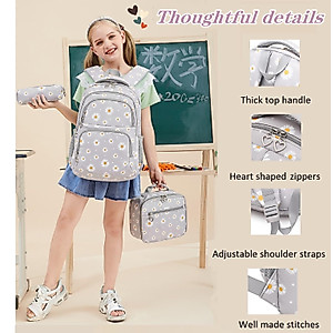 Daisy-Print 3Pcs School Bag Backpack Set for Teen Girls Elementary Middle Kids Waterproof Bookbag with Lunch Bag Pencil Case