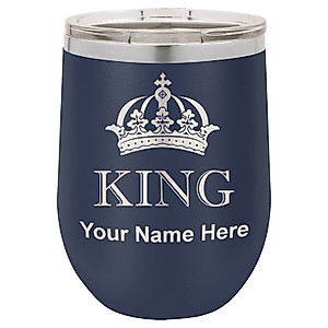 LaserGram Double Wall Stainless Steel Wine Glass Tumbler, King Crown, Personalized Engraving Included (Navy Blue)