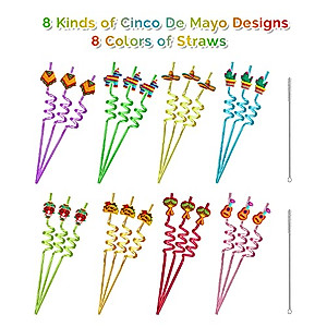 24 Mexican Fiesta Party Favors, Drinking Straws for Mexican Party Favors, Cinco De Mayo Party Favors for Kids, Taco Party Supplies with 2 Cleaning Brush