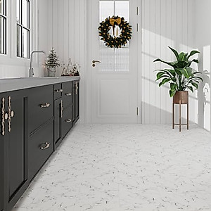 Mysflosy Peel and Stick Floor Tiles, Self Adhesive Waterproof Vinyl Flooring, 12''x12'' White Marble Pattern DIY Floor Sticker for Kitchen, Bathrooms & Bedroom, 20 Tiles