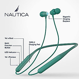 Nautica B310 Sport Wireless Bluetooth Earphones with Type-C Charging Cable, Neckband Earphones Magnetic Earbuds, Bluetooth v5.0 Earphones High Volume Levels, Flexibility, Portable Sweat Proof (Green)