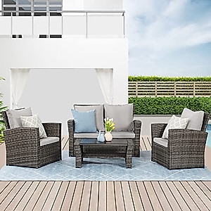 Wisteria Lane 4 Piece Outdoor Patio Furniture Sets, Wicker Conversation Set for Porch Deck, Gray Rattan Sofa Chair with Cushion