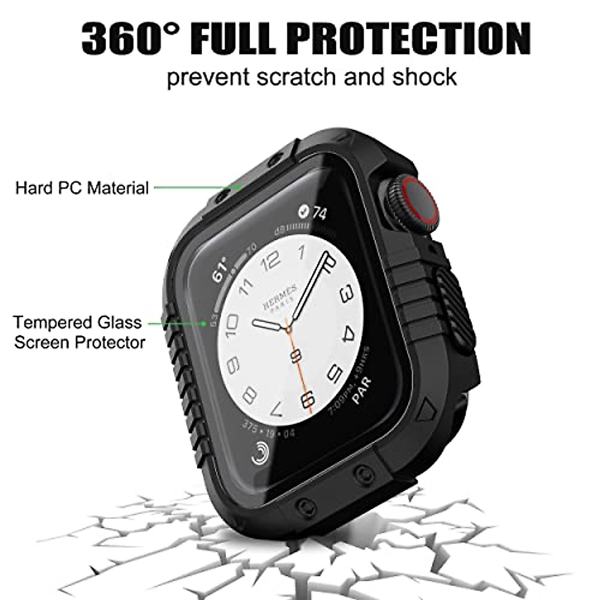 GELISHI Rugged PC Case with Tempered Glass Screen Protector Compatible with Apple Watch 44mm Series 6 Series 5 Series 4 SE Men, Black