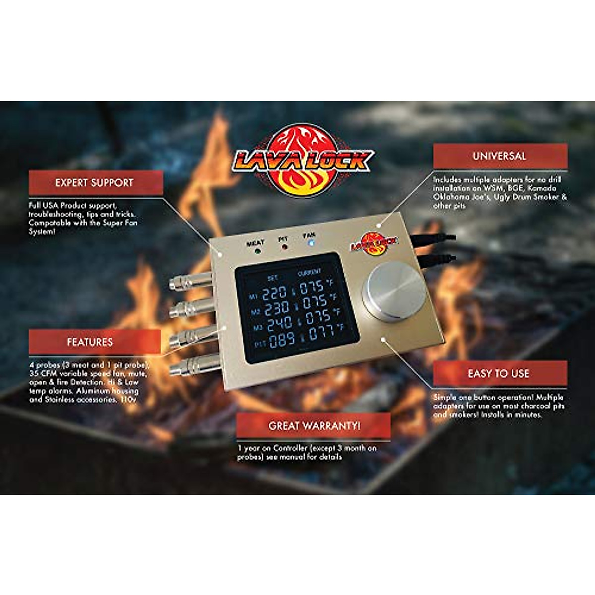 LavaLock 4-Probe Automatic BBQ Controller w/ 35 cfm Variable Speed Fan Compatible with BGE, Kamado Joe, WSM, UDS, Weber Smokey Mountain, Oklahoma Joe's, Sm Med Offset Vertical Stick Burner Smokers