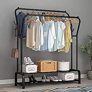 UDEAR Garment Rack Freestanding Hanger Double Rods Multi-functional Bedroom Clothing Rack, Double layer ，4 Hooks，Black
