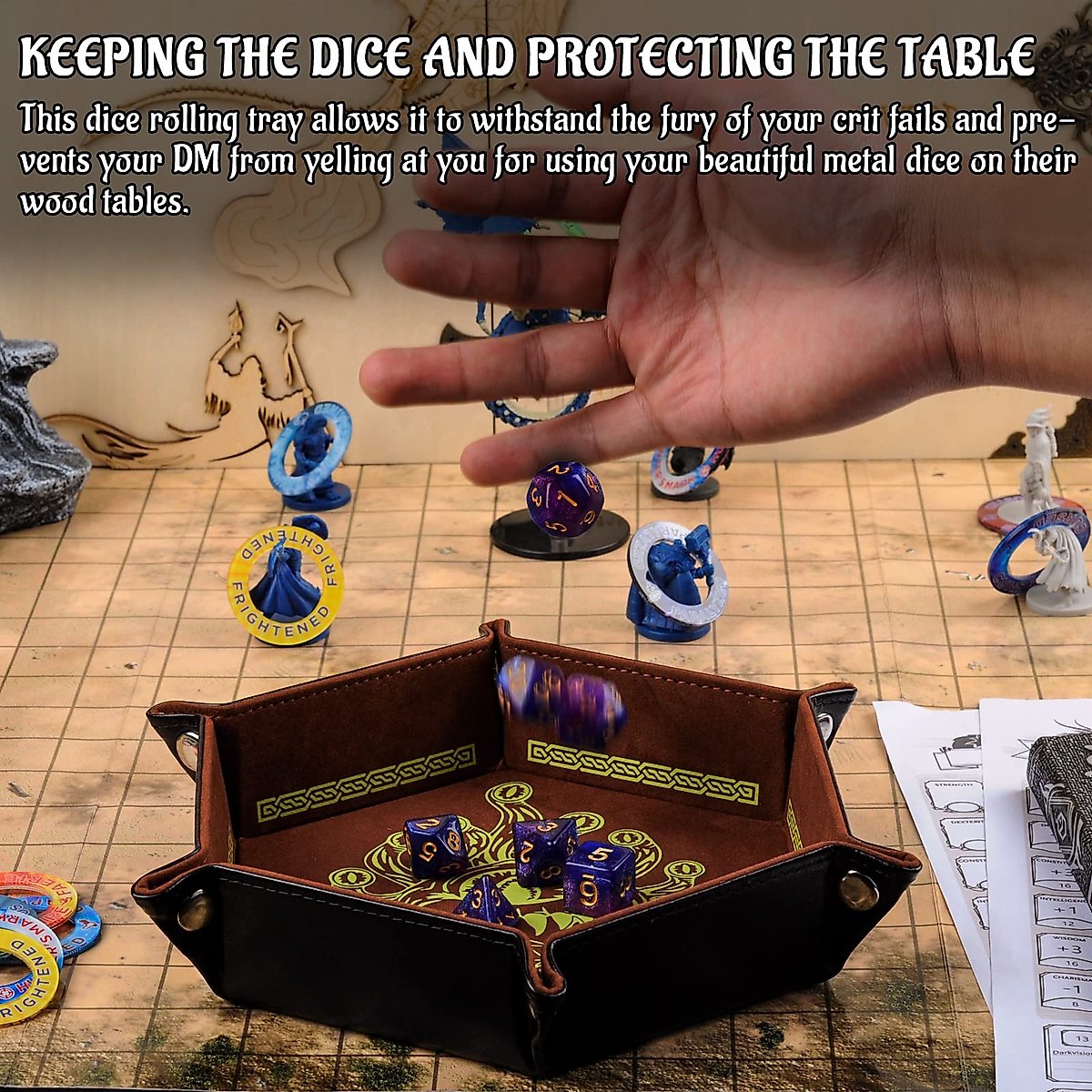 D&D Dice Tray PU Leather Hexagon Dice Holder Printed with Beholder Portable and Foldable Dice Rolling Mat for Board Game and Tabletop RPG (Style B)