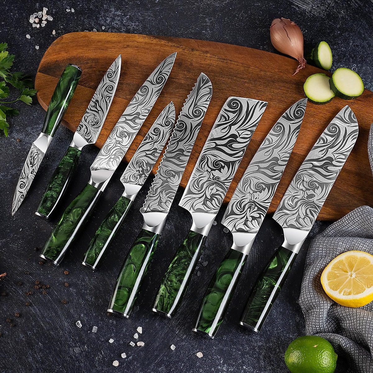 SENKEN Engraved Japanese Kitchen Knife Set with Beautiful Green Resin Wood Handles - Wasabi Collection - Chef's Knife, Bread Knife, Cleaver Knife, Paring Knife, & More (8-Piece Chef Knife Collection)