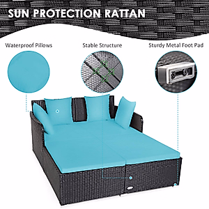 Tangkula Outdoor Rattan Daybed, Sunbed Wicker Furniture w/Spacious Seat, Upholstered Cushion & High-Resilience Sponge, Wicker Patio Sofa Set w/Extra Pillows for Courtyard Poolside(Turquoise)