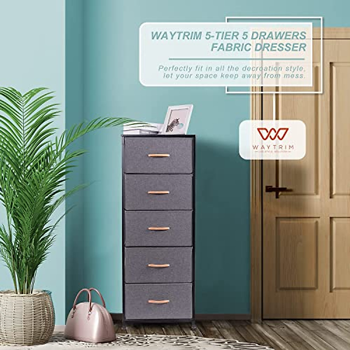 WAYTRIM Vertical Dresser Storage Tower with 5 Drawers, Fabric Organizer Dresser Tower for Bedroom, Hallway, Entryway, Closets - Charcoal