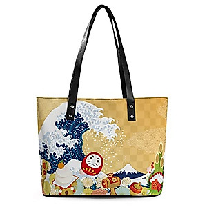 Womens Handbag Japanese Elements Japan Wave Leather Tote Bag Top Handle Satchel Bags For Lady