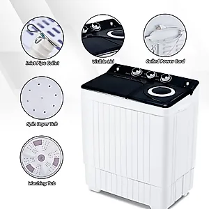 Kumcahom Portable Washing Machine 26Lbs Capacity Washer and Dryer Combo Twin Tub Laundry Washer(18Lbs) & Spinner(8Lbs) with Built-in Gravity Drain Pump,for Apartment,Dorms,RV Camping (black+white)