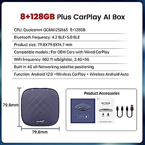 2023 Carlinkit Ai Box Max Android 12, 3 -in -1 for OEM Cable Upgrade CarPlay Android Auto Wireless, 8 core 8+128GB, Built -in GPS Video Music Supports Google Play