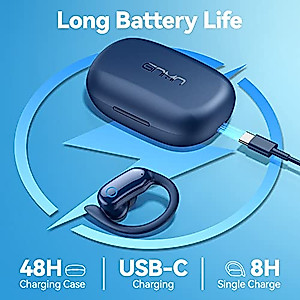 GNMN Bluetooth Headphones Wireless Earbuds 48hrs Playback IPX7 Waterproof Earphones Over-Ear Stereo Bass Headset with Earhooks Microphone LED Battery Display for Sports/Workout/Gym Blue