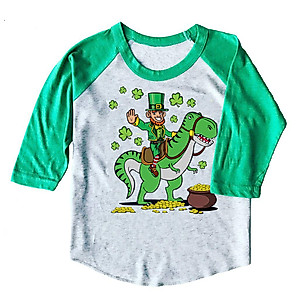 St. Patrick's Day Dinosaur Kids T-Shirt/or Unisex 3/4 Sleeve Baseball Tee (White with Green Sleeves, 4T)