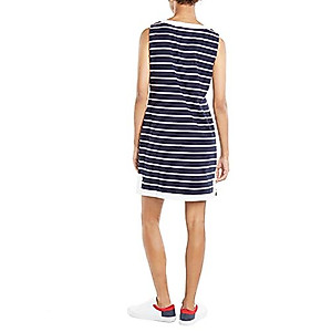 Nautica womens Breton Stripes Sleeveless V-neck Stretch Cotton Polo Casual Dress, Navy, Medium US