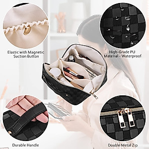 EVELOMO Large Capacity Travel Cosmetic Bag, PU Leather Waterproof Cosmetic Bag, Women Portable Travel Makeup Bag, Multifunctional Makeup Bag Organizer with 4 Silicone Leak Proof Sleeves (Black)