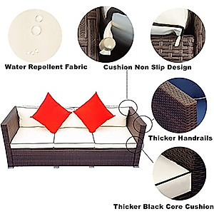 GAOPAN 3 Piece Outdoor Patio Conversation Sectional Couches Furniture Set, Rattan Wicker Garden Corner Sofas with Tempered Glass Top Coffee Table and Removable Soft Cushion, Beige+Brown