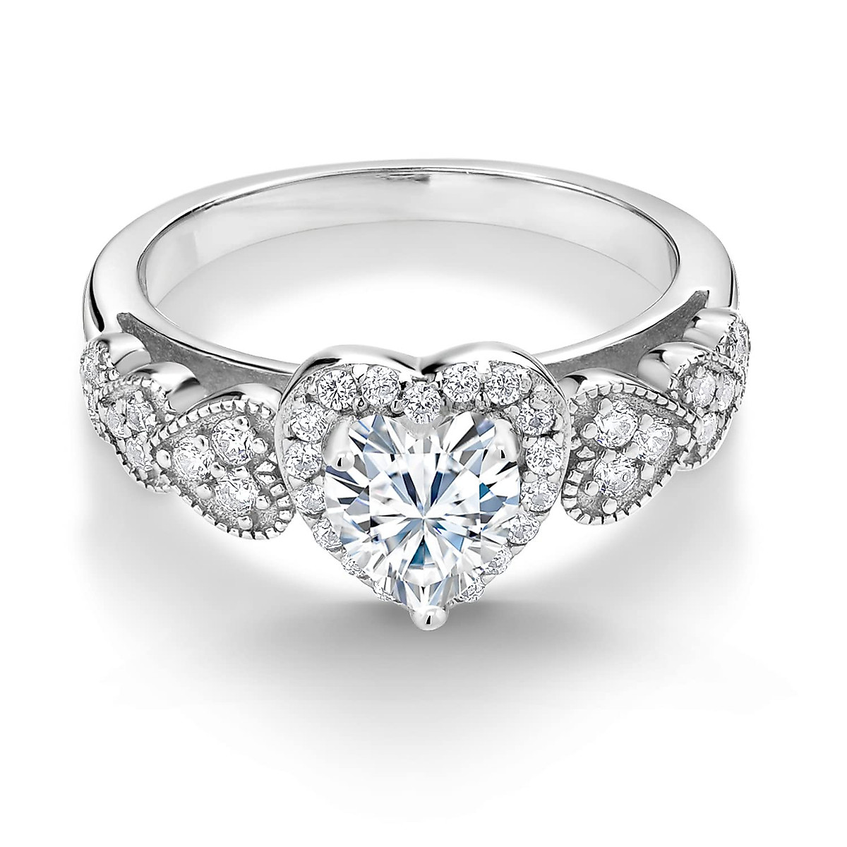 Gem Stone King 925 Sterling Silver White Moissanite Women Engagement Ring (0.98 Cttw, Heart Shape 6MM, Available In Size 5, 6, 7, 8, 9)