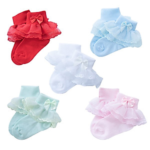 Twtility Toddler Baby Girls Ruffle Lace Socks Princess Dress Double Lace Cotton White Frily Socks