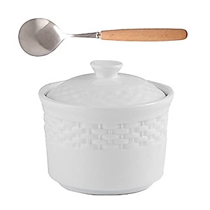 Operitacx Ceramic Stew Pot with Lid and Spoon Japanese Small Steam Soup Bowl Steaming Cup Serving Dish Seasoning Jar for Cereal Rice Chili Beef Stew Medicinal Birds Nest Egg Custard Appetizer