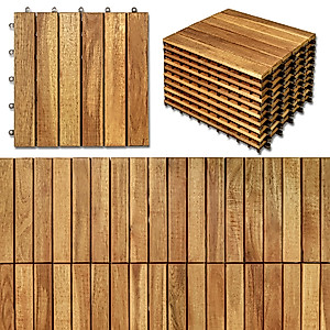 Interlocking Patio Deck Tile (Pack of 10, 12"x12") Acacia Hardwood Deck Tile in Solid Acacia Wooden Oiled Finish Waterproof All Weather Perfect for Indoor Outdoor(Golden Teak Color)…
