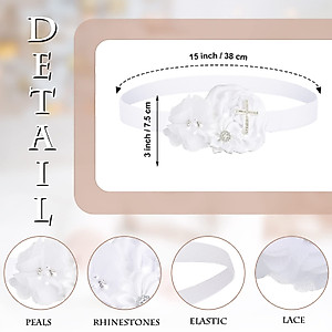 Geyoga 3 Pcs Baptism Bib for Baby Girl Baptism Candle Set Socks Pearl Headband Embroidered White Christening Outfit Bib