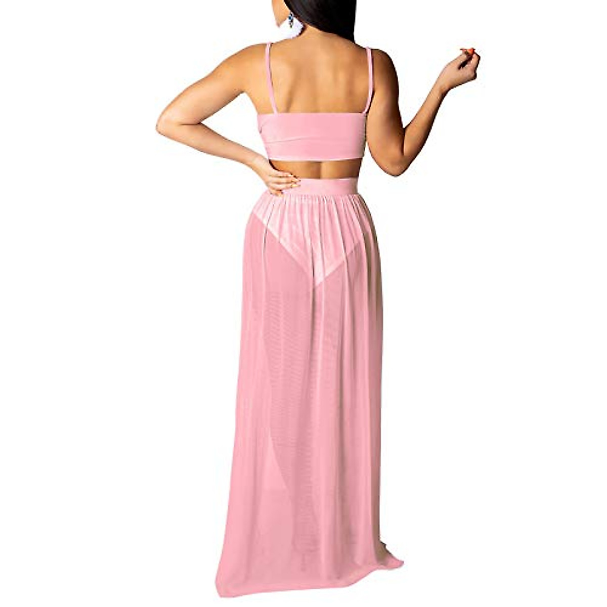 Rela Bota Women's Sexy Summer 2 Piece Maxi Chiffon Dress Crop Top Skirt Set Beachwear Pink 3X-Large