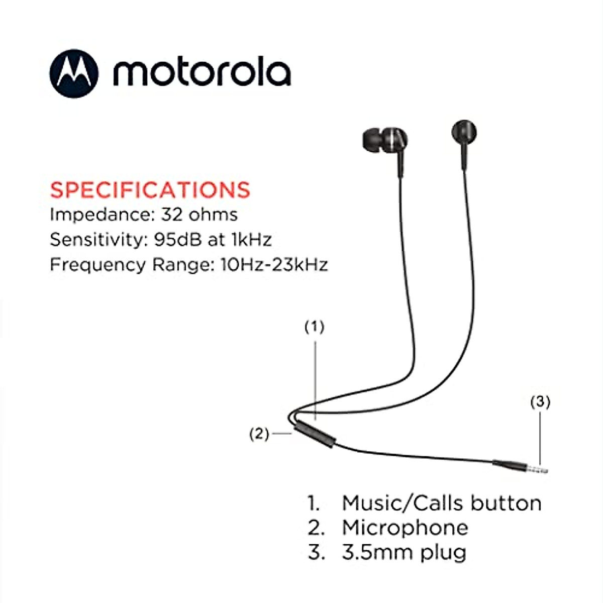 Motorola Wired Earbuds with Microphone - Earbuds 105 Corded in-Ear Headphones, Control Button for Calls/Music, Comfortable Lightweight Easy-Grip Ear Buds, Clear Bass Sound, Noise Isolation - Black