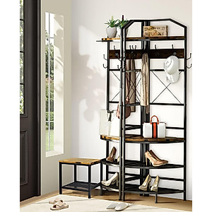 LTTROMAT 4-Tier Corner Hall Tree with Shoe Bench, Entryway Coat Rack with Storage, Industrial Corner Clothes Rack with 6 Metal Hooks and Wooden Storage Shelves