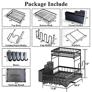 Iwaiting Outdoor Dish Drying Rack, 2 Tier Dish Dryer Rack for More Space Saving, Large Dish Rack with Sink Drainer, Durable Metal Dishrack Set, Dish Racks for Kitchen Counter Black