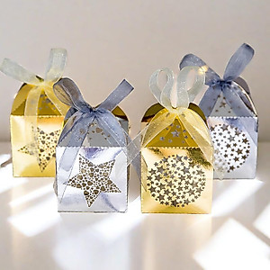 Naler 40pcs Mini Paper Treat Boxes Candy Goodie Gift Boxes with Ribbon for Halloween Christmas Wedding Favor Party Gift Wrap Decoration, Gold & Silver, 2 x 2 x 3 Inches