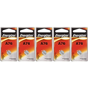 5 Energizer A76 LR44 1.55V Button Cell Alkaline Batteries (Individually Packaged Each with Retail Hanging Tab)