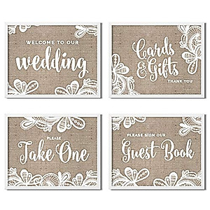 Andaz Press Unframed Wedding Party Signs, 8.5x11-inch, Burlap Lace, Welcome to Our Wedding, Cards and Gifts, Please Take One Favors, Please Sign Guestbook, 4-Pack, Frames Sold Separately