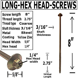 8" - Zinc Coated Rust Resistant Timber Tie - Heavy Duty 1/4" - Hex Head Structural Screw - 5/8" Wide Flange Head with coarse Thread for Secure Hold - Heavy Duty 3/16" Shank for Extra Strength (10)