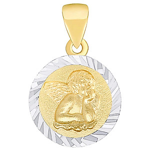 Jewelry America Solid 14K Yellow Gold Round Guardian Angel Textured Medallion Charm Pendant