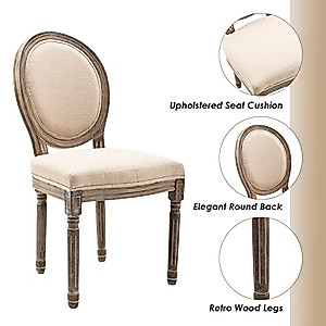 Guyou Farmhouse Dining Chairs Set of 2, Retro Upholstered Dining Room Chairs with Rattan Back French Country Accent Chair Side Chairs with Distressed Wood Frame for Kitchen Living Room (Dark Beige)