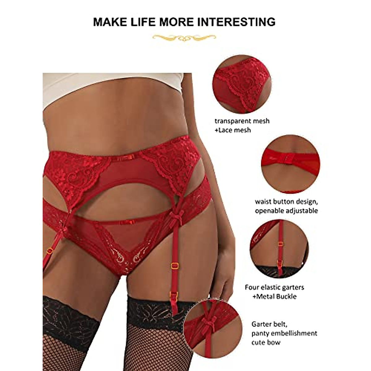 ohmydear Plus Size Lace Garter Belts Mesh Suspender Belt Set with 4 Straps Metal Clip for Thigh High Stockings Red XS-S