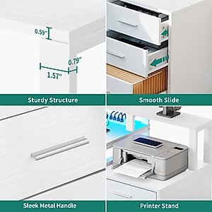 YITAHOME L Shaped Desk with 3 Drawers, 65" Corner Computer Desk with Power Outlets & LED Lights, L-Shaped Desk with File Cabinet & Printer Stand for Home Office, White