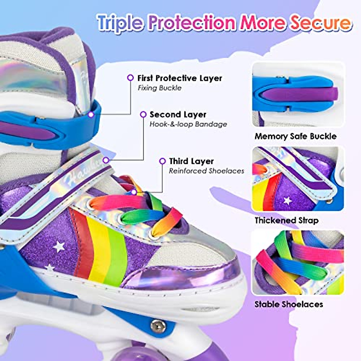 Hawkeye Roller Skates for Girls, 4 Sizes Adjustable Roller Skates for Kids Girls Boys Outdoor Indoor with Light up Wheels (Purple S)