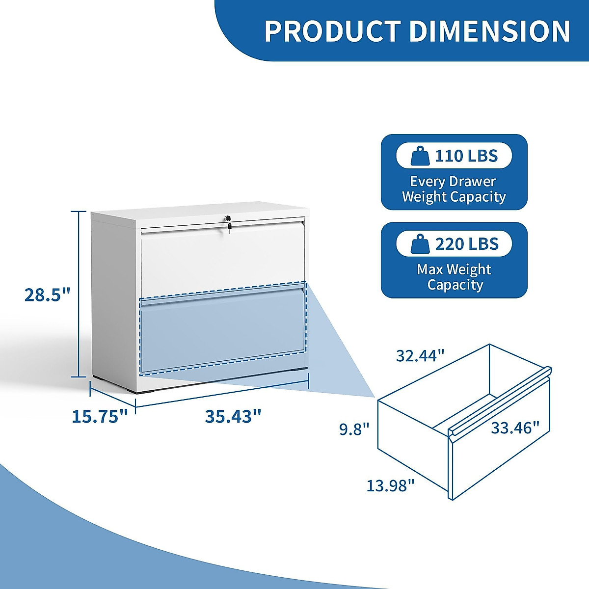 Yukimo Lateral File Cabinet with Lock, Metal File Cabinets for Home Office Legal/Letter A4 Size, File Cabinet with 2 Drawer Storage Cabinet, White