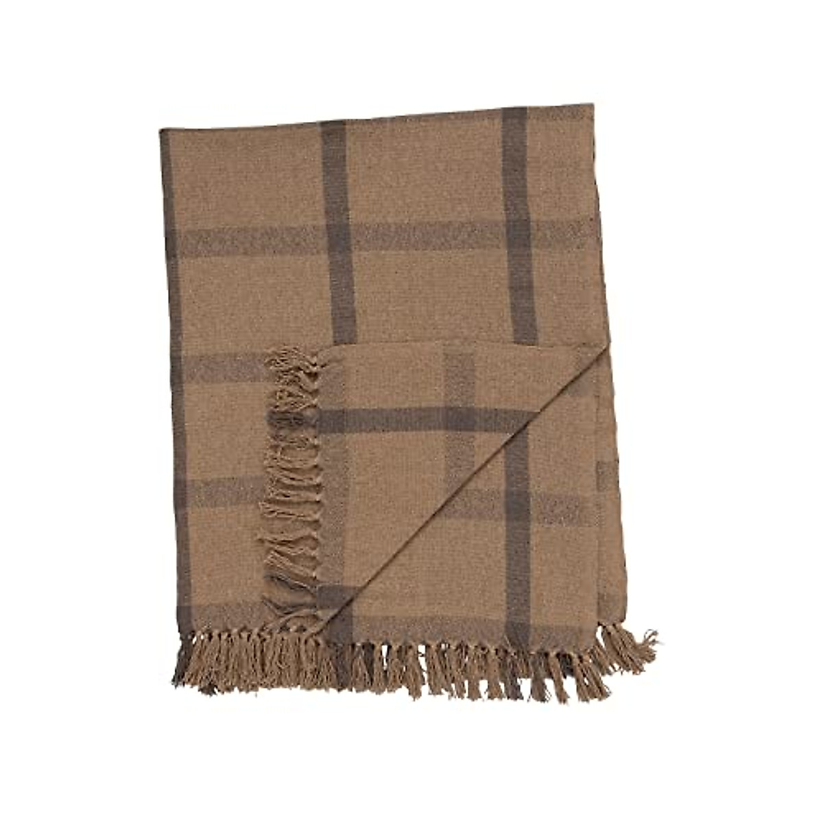 Bloomingville Recycled Cotton Blend Woven Plaid and Tassels Blanket Throw, Semi Double, Tan