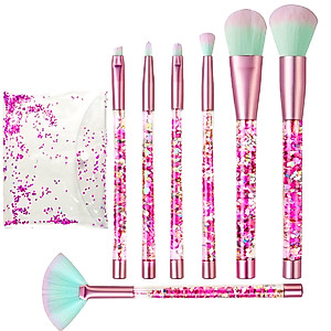 Hawetimher Makeup Brush Set Pink Glitter,Unicorn Foundation Sparkles Cute Fan Powder Blush Lip Highlight Eye shadow Eyebrow Makeup Brushes Set with Liquid and Case for Girls Teen Kids Gift Present