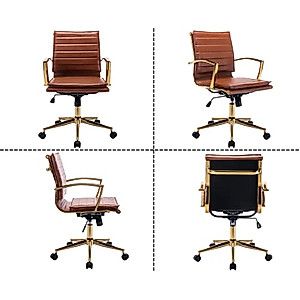 Shunzhi Leather Desk Chair with Armrest PU Leather Office Chair Midback Adjustable Home Computer Executive Chair Swivel Conference Task Chair Managers Chair with Chrome Base, Brown and Gold