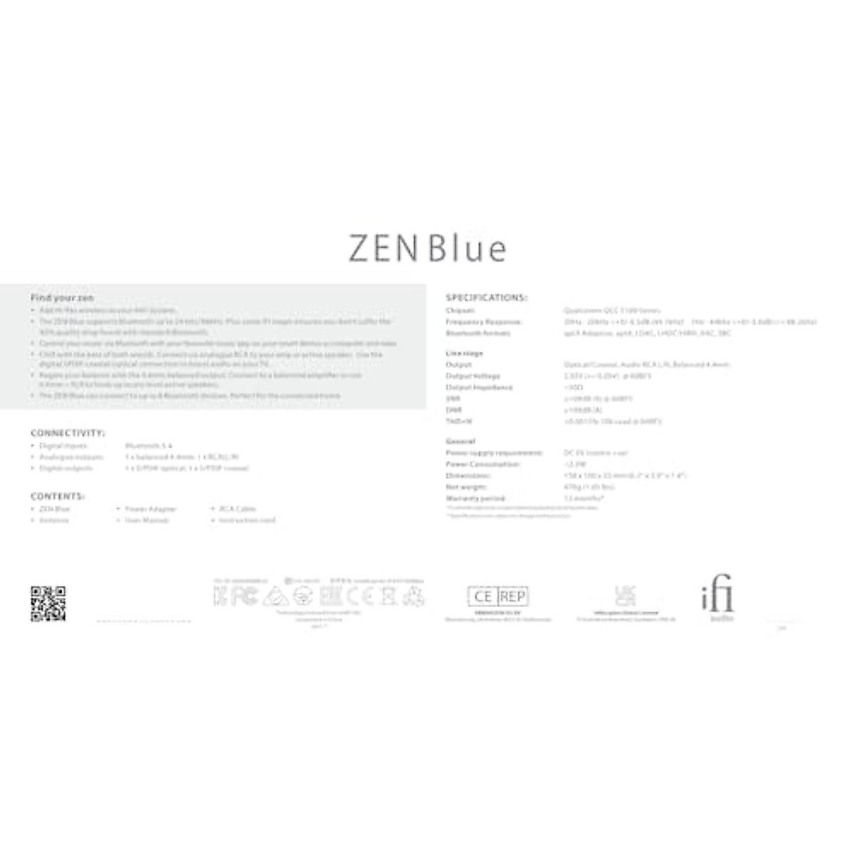 iFi Zen Blue HiFi Bluetooth Receiver Desktop DAC/Adapter - Wireless Input/Outputs - Optical/Coaxial/SPDIF/RCA / 4.4 Balanced - Audio System Upgrade (Unit Only)