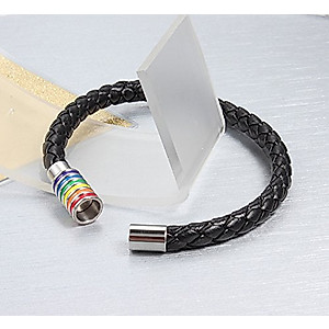 Nanafast Stainless Steel Rainbow Lesbian LGBT Pride Braided Bracelet Leather LGBTQ Pride Bracelets Wristband Weave Plaited Jewelry 2 Pack 7.48 Inches (Lesbian/Female)
