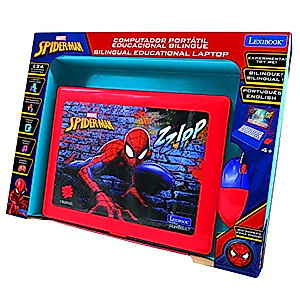LEXiBOOK JC598SPi4 Marvel Spiderman-Educational and Bilingual Laptop Portuguese/English-Girls Toy with 124 Activities to Learn, Play Games and Music with Elsa & Anna-Blue/Red