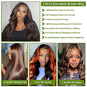 LAINSS Chocolate Brown Lace Front Wig Human Hair 180% Density Brown Body Wave 13x4 Lace Front Wigs Human Hair for Black Women 4# Colored Wigs Human Hair (24inch)